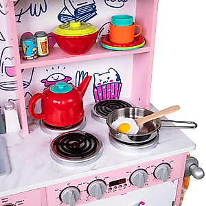 Lil' Jumbl Kids Kitchen Set, Pretend Wooden Play Kitchen, Battery Operated Icemaker & Microwave with Realistic Sound, Pots & Pan Included - Pink