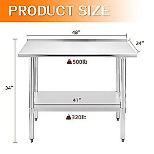 HOCCOT Stainless Steel Table for Prep & Work 24" X 48" inches with Adjustable Shelf and Backsplash, Commercial Workstations, Utility Table in Kitchen Garage Laundry Room Outdoor BBQ