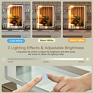 usikey Farmhouse Makeup Vanity Desk with Mirror and Lights, Glass Tabletop Makeup Vanity with Adjustable Shelves, Vanity Table Set with 2 Drawers and Side Cabinet for Bedroom, White