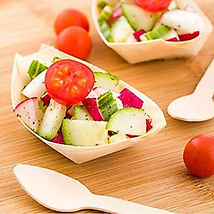 HEMOTON 50PCS Wooden Sushi Serving Tray Boat Plate Japanese Sashimi Serving Plate Tray Platter Snack Dish Fast Food Boat Basket Tealight Holder for Home Restaurant (6X4X2cm)