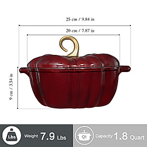 Flavehc Pumpkin Dutch Oven Pot with Lid 1.8 qt Pumpkin Cast Iron Dutch Oven for Bread Baking Red Enameled Cast Iron Dutch Oven with Handels