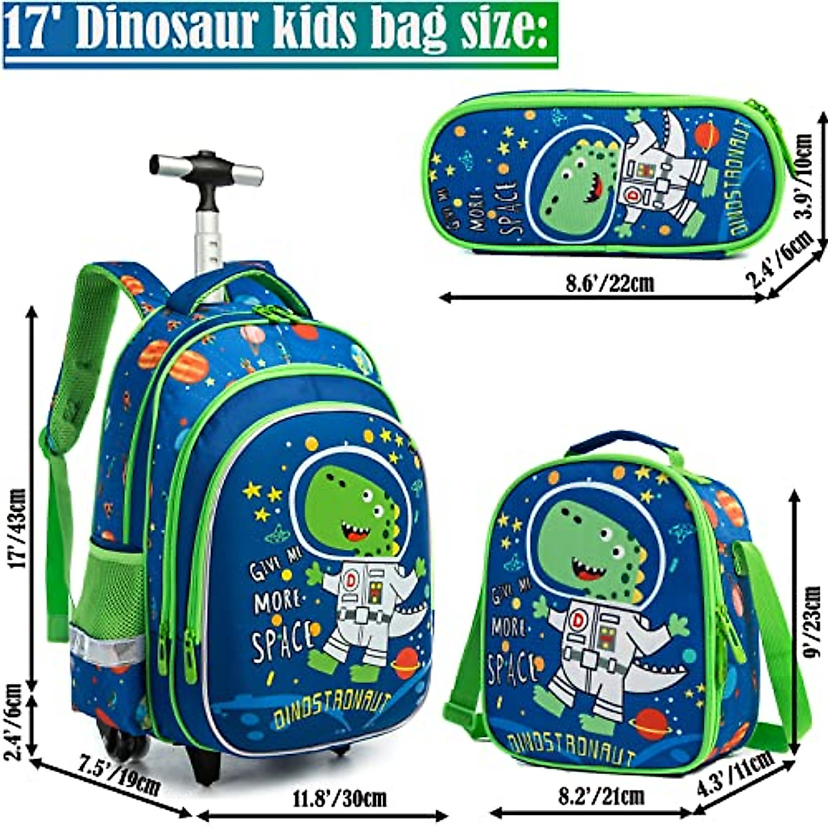 Egchescebo School Bags Kids Rolling Dinosaur Backpack for Boys Luggage Suitcase With Wheels Trolley Wheeled Backpacks for Boys Travel Bags 3PCS Cat Backpack With Lunch Box Blue