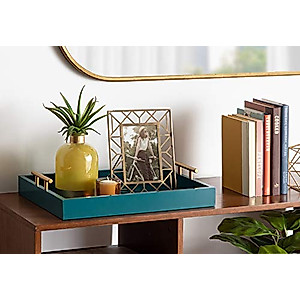 Kate and Laurel Lipton Mid Century Modern Decorative Wood Tray with Brushed Gold Metal Handles, Dark Teal