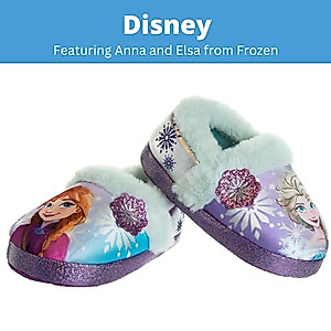 Disney Girls' Frozen Slippers - Plush Fuzzy Elsa and Anna Slippers with Non-Skid Soles (Toddler/Little Kid), Size 9/10, Purple Blue Glitter