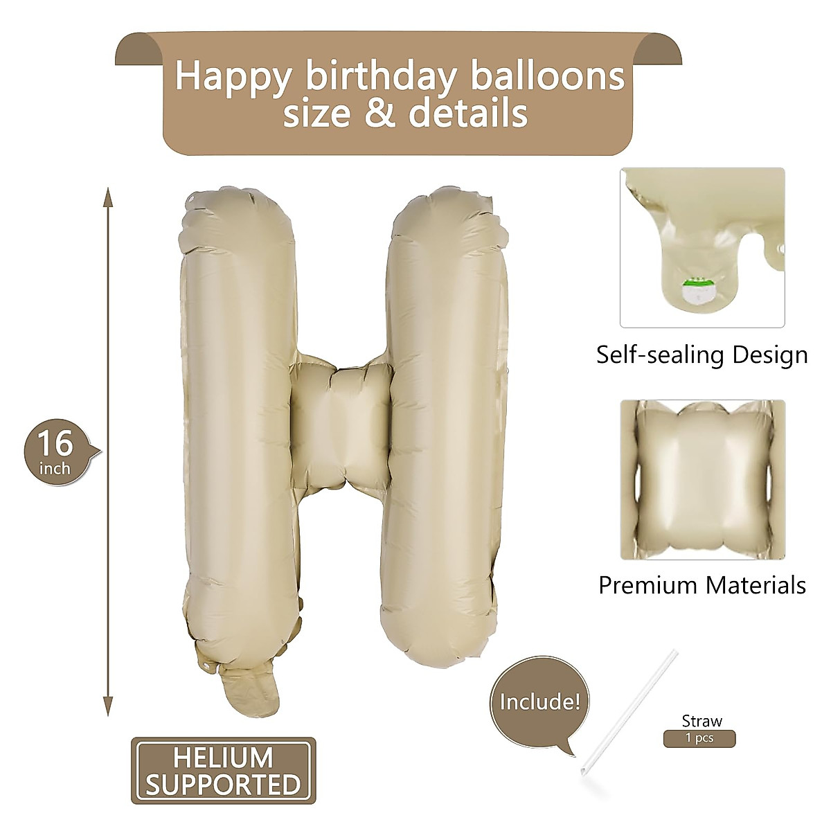 Beige Happy Birthday Balloons Banner 16 Inch Mylar Foil Letters | Inflatable Party Decor and Event Decorations for Kids and Adults | Reusable, Ecofriendly Fun