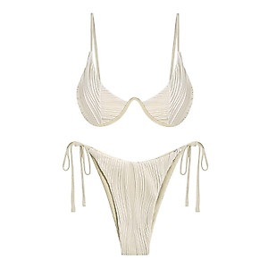ZAFUL Women's Textured Underwire Bikini Set V Notch High Cut Swimwear Tie Side Ribbed Sexy Swimsuits
