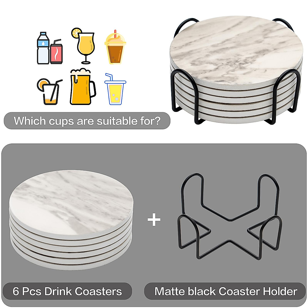 Ll.TOPWP 6Pcs Wooden Coasters for Drinks with Holder,Marble Style Drink Coaster,Non-Absorbent,Coasters for Coffee Table,Office&Home Decor,Suitable for Kinds of Cups,4 Inches