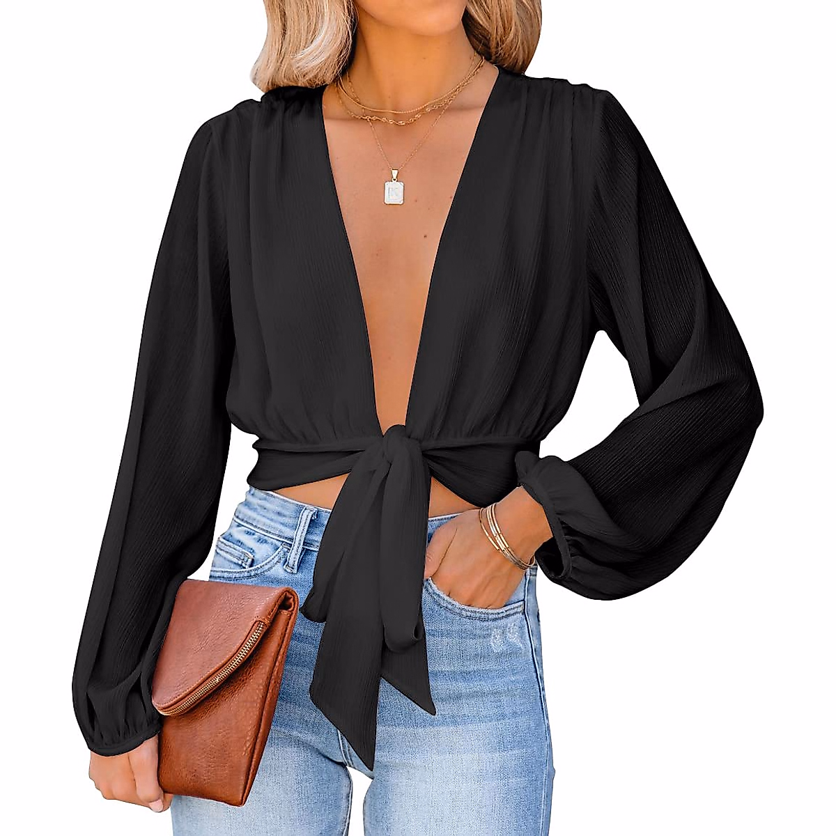 LYANER Women's Deep V Neck Tie Front Knot Long Sleeve Sexy Wrap Crop Top Blouse Solid Black Medium