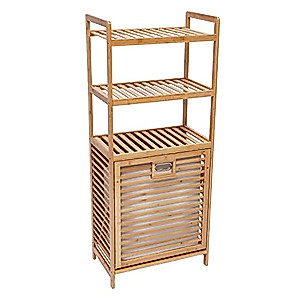 3-Tier Bamboo Laundry Hamper Cabinet Organizer Floor Stand Bathroom Storage Shelf Cabinet with Tilt Out Laundry Basket Dirty Clothes Bag for Laundry Room Bathroom Bedroom Closet