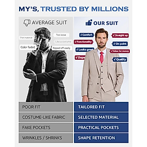 MY'S Men's 3 Piece Slim Fit Suit Set, Two Button Blazer Jacket Vest Pants with Tie, Solid Wedding Dress Tux and Trousers Black Small