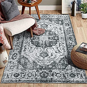 Fashionwu Vintage Area Rug Waterproof Heavy-Duty Rug Non-Slip Stain Resistant Carpet Non-Shedding Persian Distressed Boho Area Rug for Living Room Bedroom Kitchen, 8' x 10' Grey