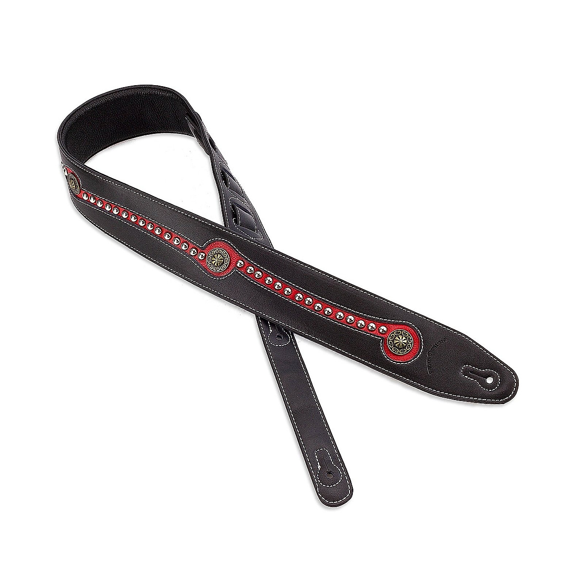 Walker & Williams Black & Red Western Style Padded Guitar Strap with Chrome and Brass Studs For Acoustic, Electric, And Bass Guitars