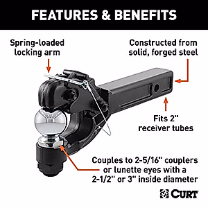 CURT 48006 Pintle Hitch with 2-5/16-Inch Trailer Ball, Fits 2-Inch Receiver, 16,000 lbs, 15-1/4-Inch Length