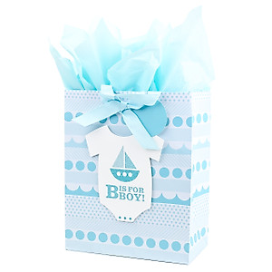 Hallmark 13" Large Gift Bag with Tissue Paper for Baby Showers, New Moms and More (B is for Boy, Blue)