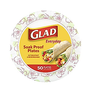 Glad Disposable Paper Plates for All Occasions | Round Soak Proof, Cut Proof, Microwaveable Heavy Duty Disposable Plates | 8.5" Diameter, 50 Count Bulk Paper Plates, Pink Flower Print
