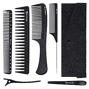 HYOUJIN 7 pcs Hair Comb Set Rat Tail Parting Combs Carbon Wide and Fine Tooth Comb Brush Cutting Comb Professional Styling Hair Combs for Women,Men Accessories with Clips