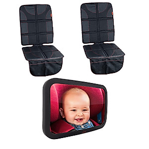 Lusso Gear 2 Pack of Car Seat Protectors (Black w/Red) + Baby Backseat Mirror for Car (Black), Waterproof, Protects Fabric or Leather Seats, Premium Oxford Fabric, Travel Essentials