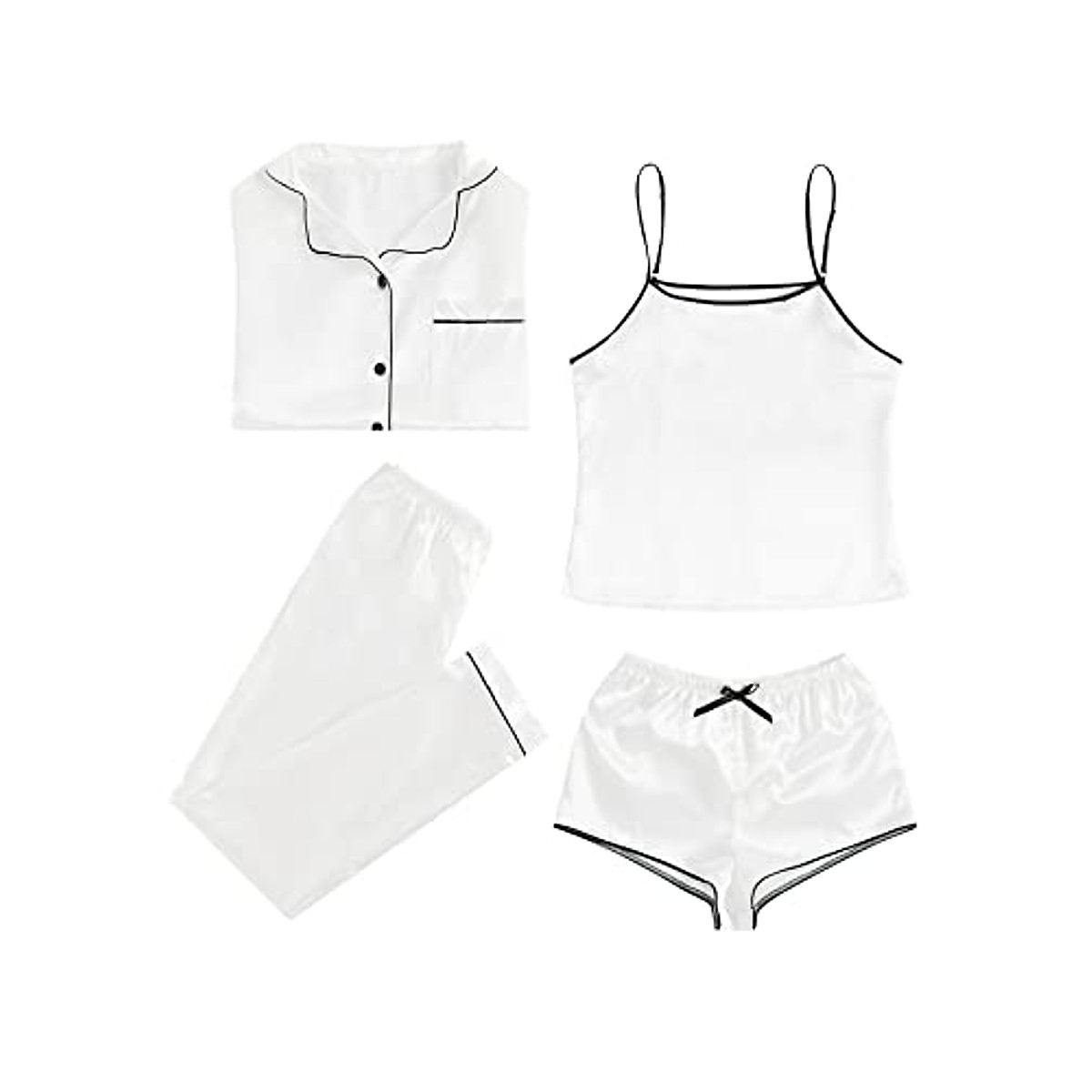 WDIRARA Women's Silk Satin Pajama Set 4 Pieces Soft Bride Sleepwear Loungewear White M