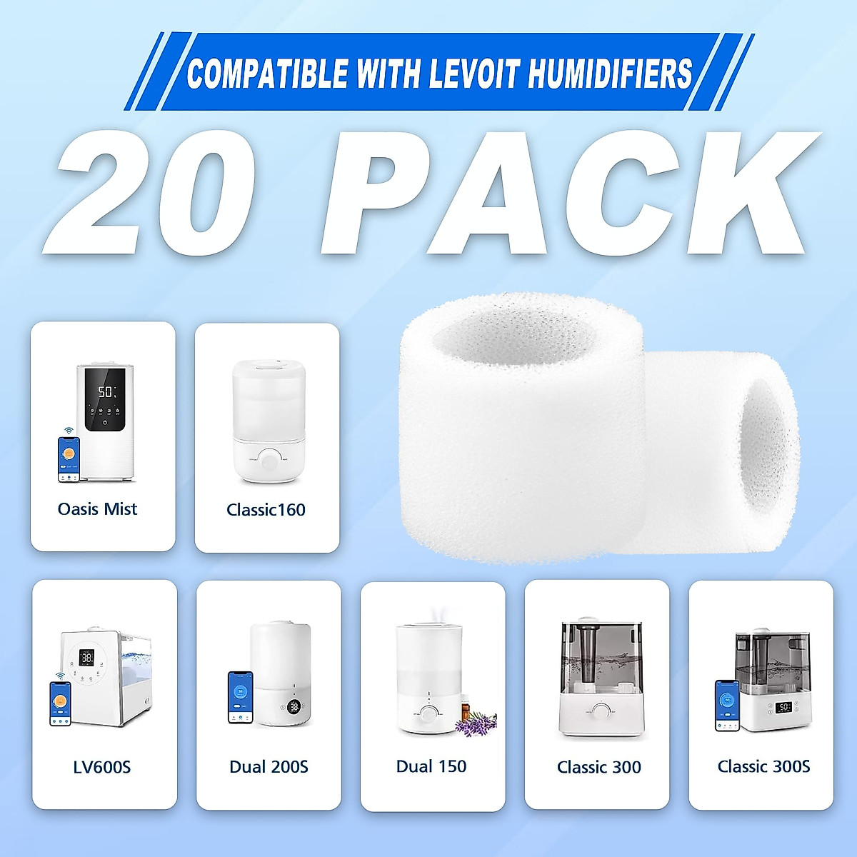 TOMOON Top Fill Humidifier Replacement Filters (20-Pack) Compatible with LEV-OIT Classic160, Dual150, Dual200S, Classic300(S), LV600S, OasisMist 450S, Superior 6000S Series Humidifiers