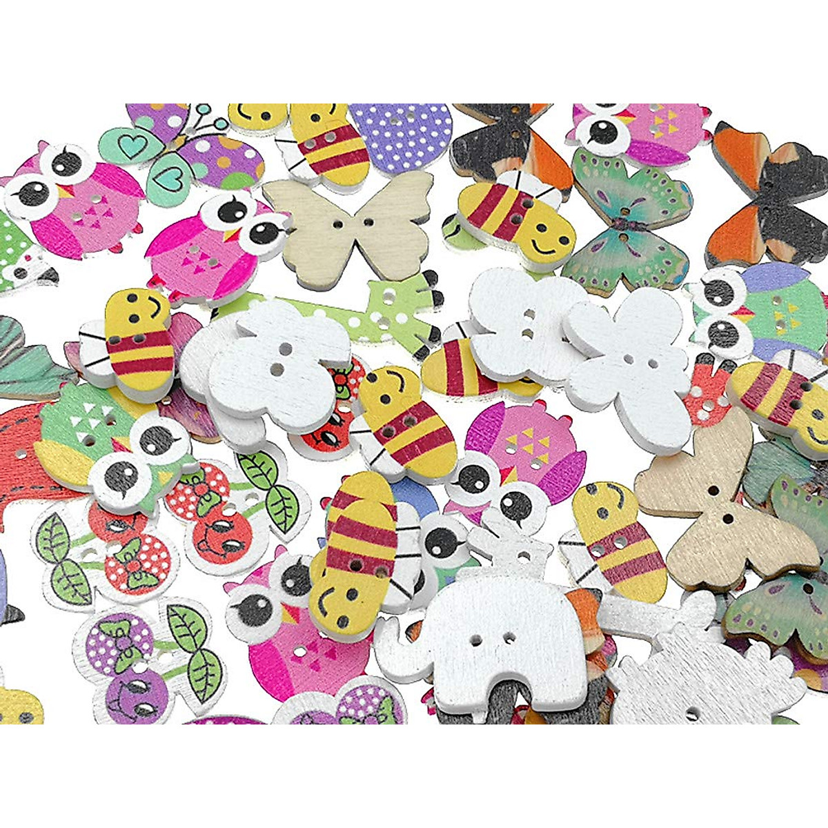 Kinteshun Wooden Buttons Natural Wood 2-Holed Fastener Buttons for Sewing Knitting Handcraft(100pcs,Assorted Cartoon Animals Printing Patterns)