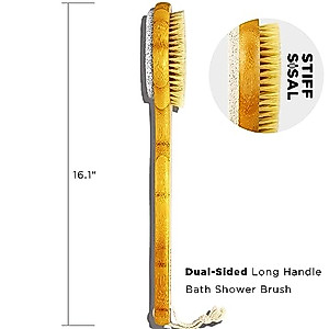 ICANdOIT Stiff Sisal Bristles 2 in 1 Long Handle Bath&Shower Brush,Bath Scrubber with Pumice Stone,Exfoliate&Soften Skin,Dry Brushing Body Brush for Cellulite&Lymphatic Drainage,Reduce ingrown Hairs