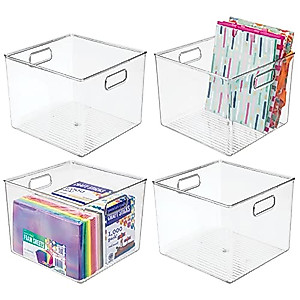 mDesign Small Modern Plastic Storage Organizer Bin Basket with Handles for Craft Room Organization - Shelf, Cubby, Cabinet, and Closet Organizing Decor - Ligne Collection - 4 Pack - Clear