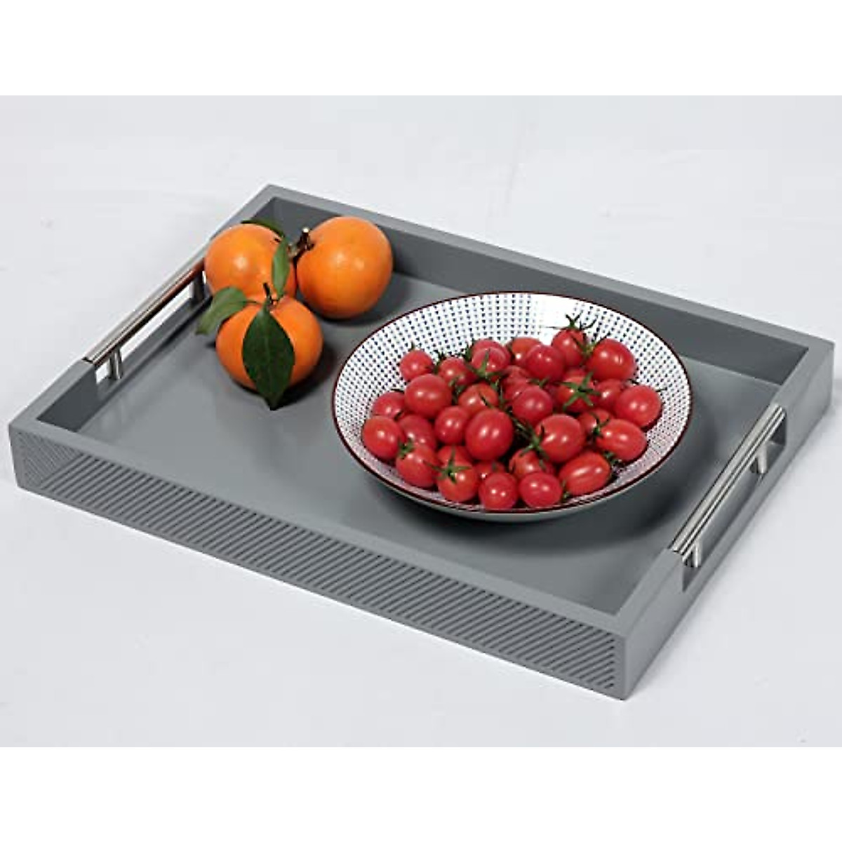 Serving Tray with Polished Metal Handles, 16.5''x12'' Rectangle Coffee Table Tray, Modern Decorative Tray, Large Ottoman Tray, Perfect for Storage and Display (Grey)