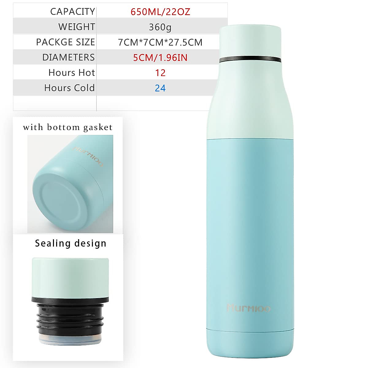 Murmioo sports water bottle, stainless steel vacuum Flask cold for 24 hours, hot for 12 hours, insulated 、BPA Free, suitable for cycling, camping, office 22oz/650ml Blue