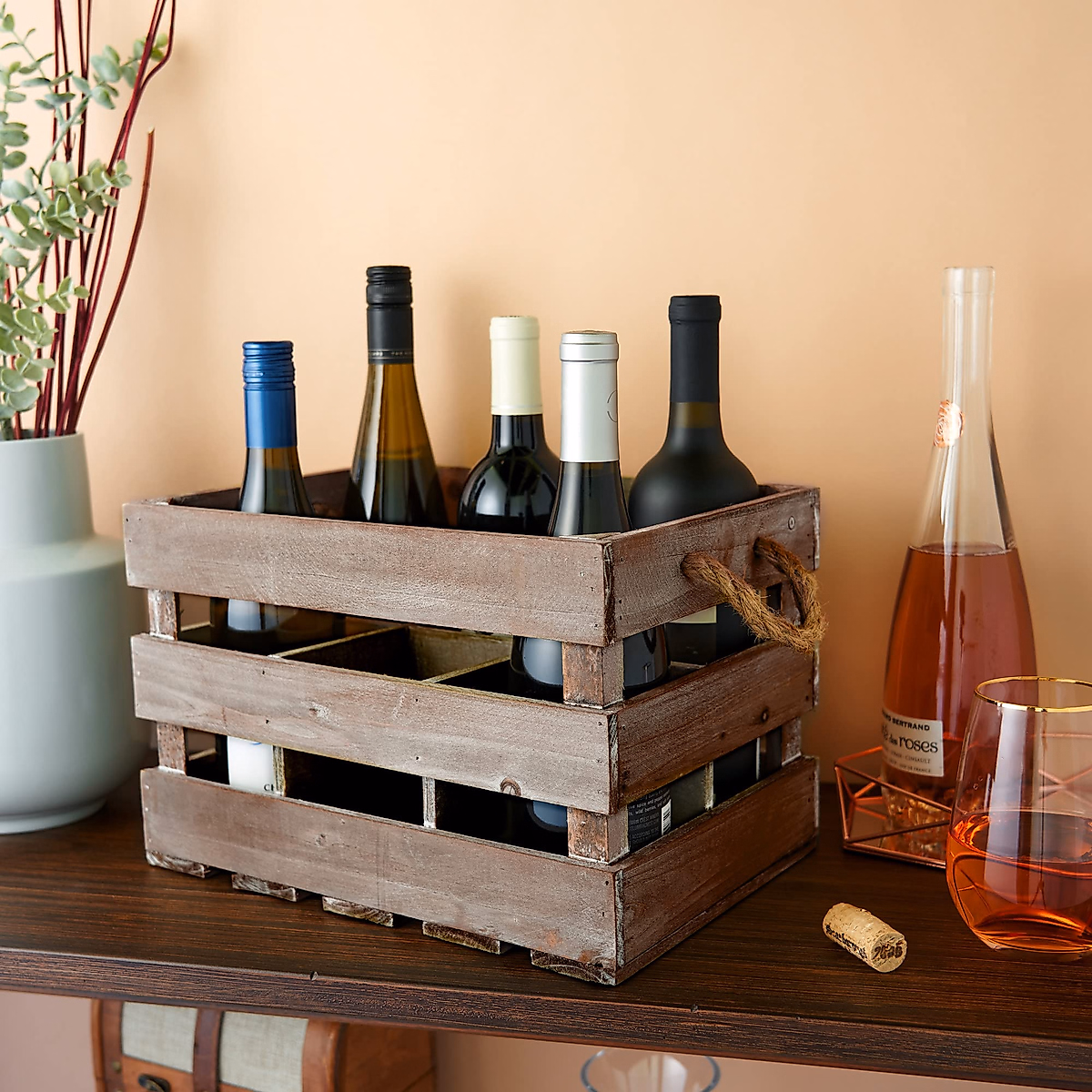 Twine 4281 Farm House Decor, Wood Wine Holder Rustic Farmhouse Wooden 6 Bottle Crate, Dark wood