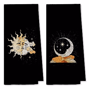 Dibor Tarot Sun Moon and Star Kitchen Towels Dish Towels Dishcloth Set of 2,Boho Astronomy Astrology Decorative Absorbent Drying Cloth Hand Towels Tea Towels for Bathroom Kitchen,Tarot Lovers Gifts