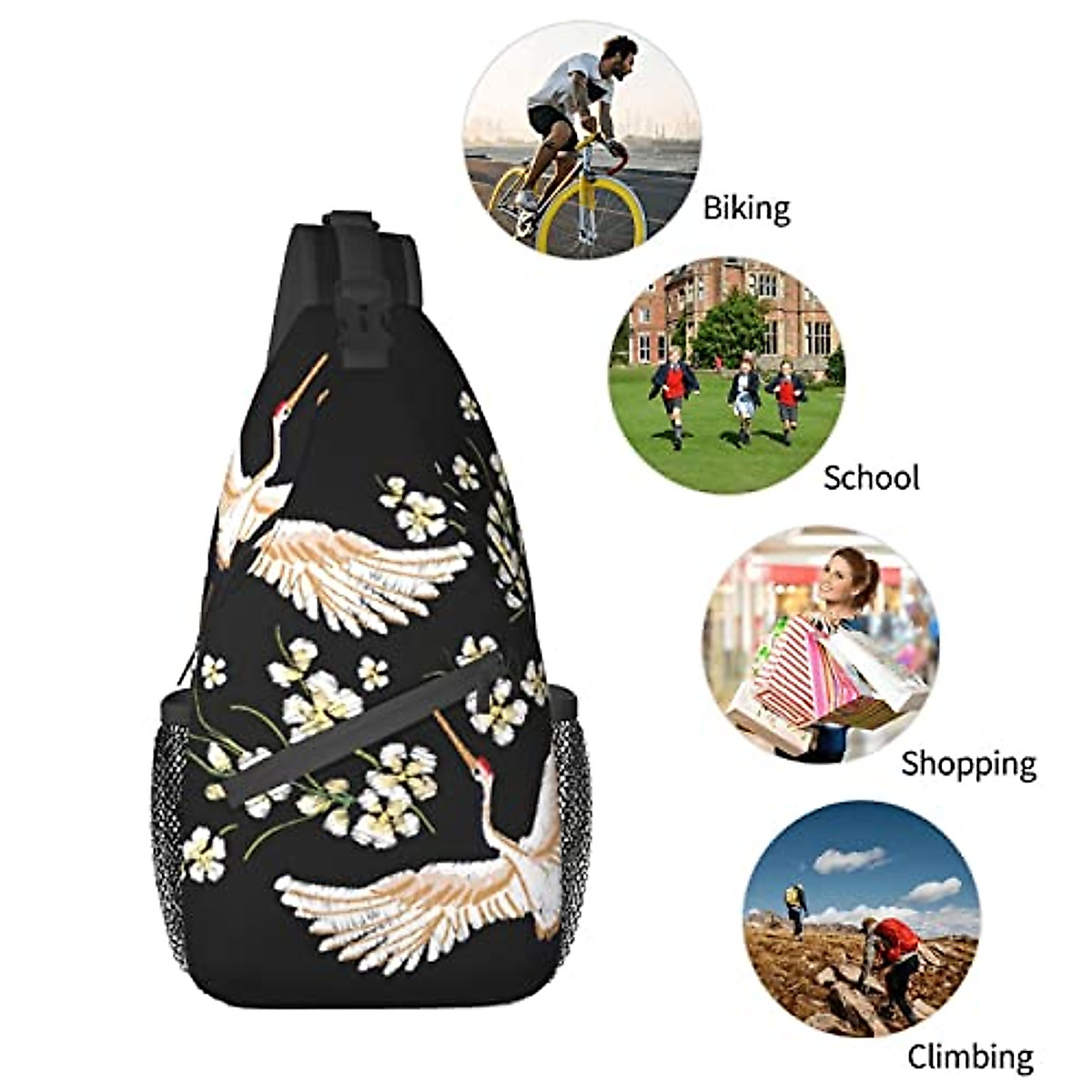 Retro Japanese Embroidery Crane Cherry Blossom Cross Chest Bag Diagonally Sling Backpack Crossbody Shoulder Bag Travel Hiking Daypacks for Men Women