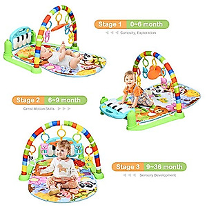 BABY JOY Baby Play Mat, Kick and Play Gym with Detachable Piano, Foot Gym Carpet Piano Fitness Rack, 4 Rattle Pendants and 1 Mirror, Ideal for Baby Room (Rainbow)