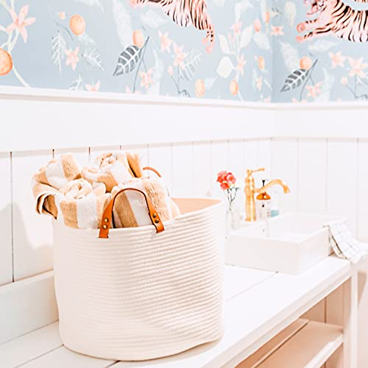 OrganiHaus White Large Baskets for Organizing 20x13| Large Blanket Basket for Living Room | Toy Storage Basket for Kids | Large Rope Basket w/Handles | Big Woven Hamper | Round Basket for Blankets