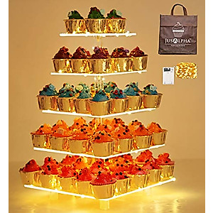 Jusalpha 5 Tier Square Cupcake Stand - Premium Cupcake Holder - Acrylic Cupcake Tower - Ideal for Weddings Birthday Parties, Candy Bar Decor 5SF-S (LED Light Option: Battery)…