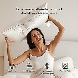 Royoliving 100% Cotton Cover Bed Pillow for Sleeping - Standard Size Set of 2 for Side Back or Stomach for Comfortable Fall Asleep (26"×20", White)