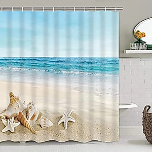 4Pcs Summer Beach Shower Curtain Sets Sea Ocean Bathroom Set Decor with Non-Slip Rugs Bath U-Shaped Mat Toilet Lid Cover Waterproof Starfish Shell Bathroom Curtain Shower Set with 12 Hooks, 70.8×70.8