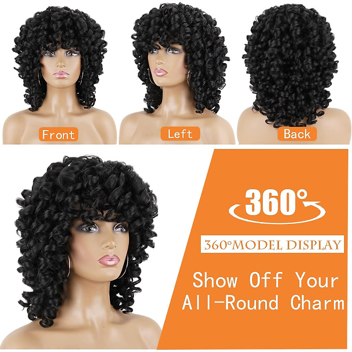 PHOENIXFLY Black Curly Wigs for Black Women Short Curly Wigs for Women Curly Synthetic Hair Heat Resistant Hair Replacement with Wig Caps (Black)