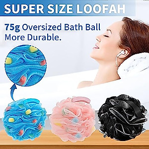 BCKENEY Bath Loofah Sponge Back Brush with Long Handle Extra Large 75g Soft Mesh Shower Poufs for Women & Men - Exfoliator Bathing Accessories (3Pcs 75G XL Charcoal Black)
