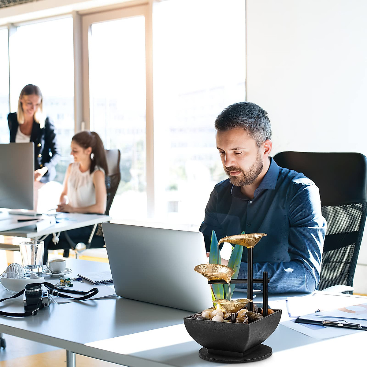 AMOOTEK Tabletop Fountain Desktop 3-Tier Indoor Golden Lotus Leaf Relaxation Fountains Waterfall, Office Home Decor Including Lots of Natural River Rocks and Warm Yellow Scene Light, AM-MR2005
