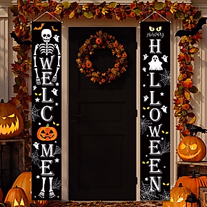 AIBIIN Halloween Porch Banner Sign Decorations Welcome Skeleton Front Door Decorative Hanging Halloween Banner Black Ghost Halloween Porch Decorations Outdoor for Home Office Holiday 70.8x11.8 inch