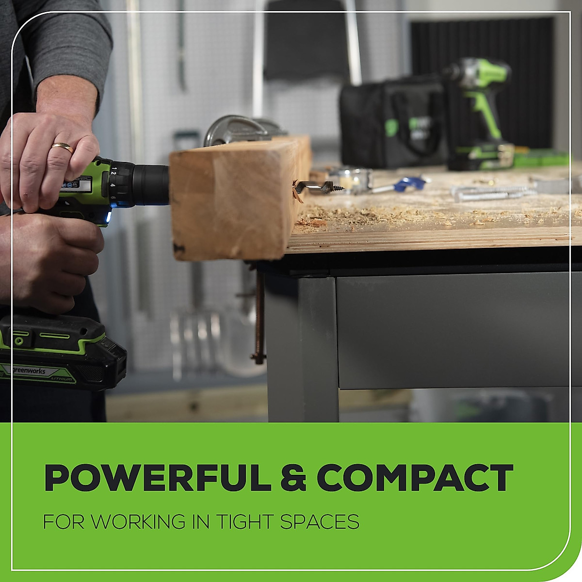 Greenworks 24V Cordless Drill Impact Driver Combo kit, 1/2” Drill & 1/4” Hex Impact Driver Brushless Power Tool Kit, Included 2 Batteries, 1 Charger, 8 pcs Bit Set & Bag