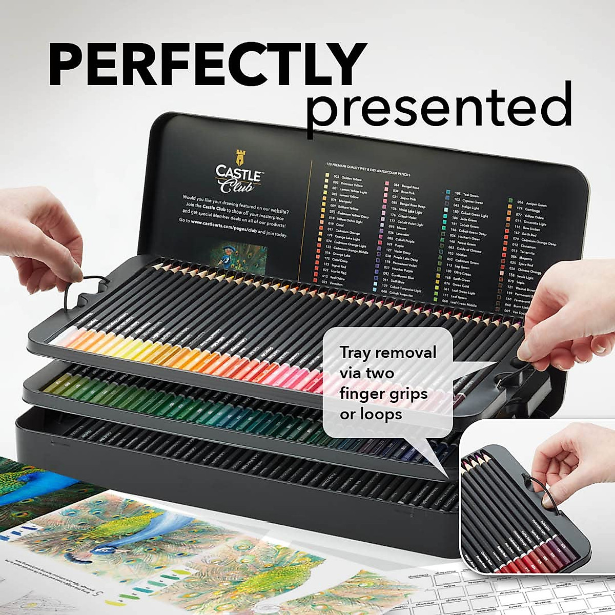 Castle Art Supplies 120 Watercolor Pencils Set | Quality Vibrant Pigments | Draw and Paint at Same Time | For Adult Artists and Professionals | Protected and Organized in Presentation Tin