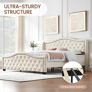 IDEALHOUSE King Size Upholstered Platform Bed Frame with Tall Headboard 47.2", King Bed with Velvet Button Tufted & Nailhead Trim Wingback Headboard, Luxurious Arched Footboard, Beige