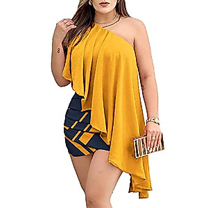 Dresses for Women 2023 Elegant One Shoulder Short Sleeve Sequin Wrap Bodycon Ruched Irregular Fashion Sexy Sun 2023 Summer Sequin Cut Out Cocktail Wedding Dresses Yellow XL