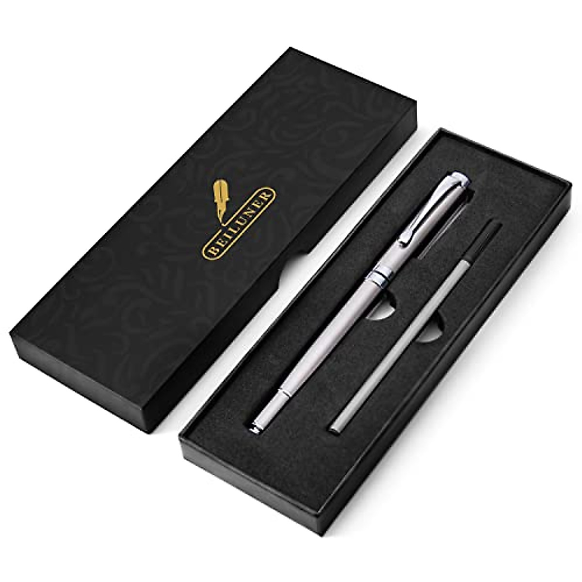 BEILUNER Ballpoint Pens, Stainless Steel with Chrome Trim, Silver Ballpoint Writing Pens, Best Ball Pen Gift Set for Men & Women, Professional, Executive, Office, Fancy Pens-Gift Box with Extra Refill