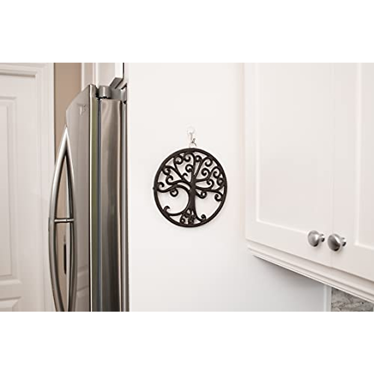 gasaré, Cast Iron Trivet for Hot Dishes, Pots, and Pans, Metal Trivet, Tree of Life Design, Rubber Feet Caps, Ring Hanger, 8 Inches, Brown, 1 Unit