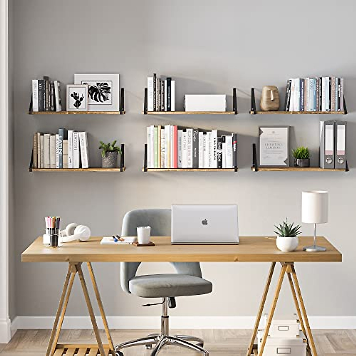 Wallniture Ponza Floating Shelves for Wall, 24"x8" Bookshelf for Large Books, Storage Shelves for Kitchen, Office, Hallway Living Room Decor, Set of 6, Burnt