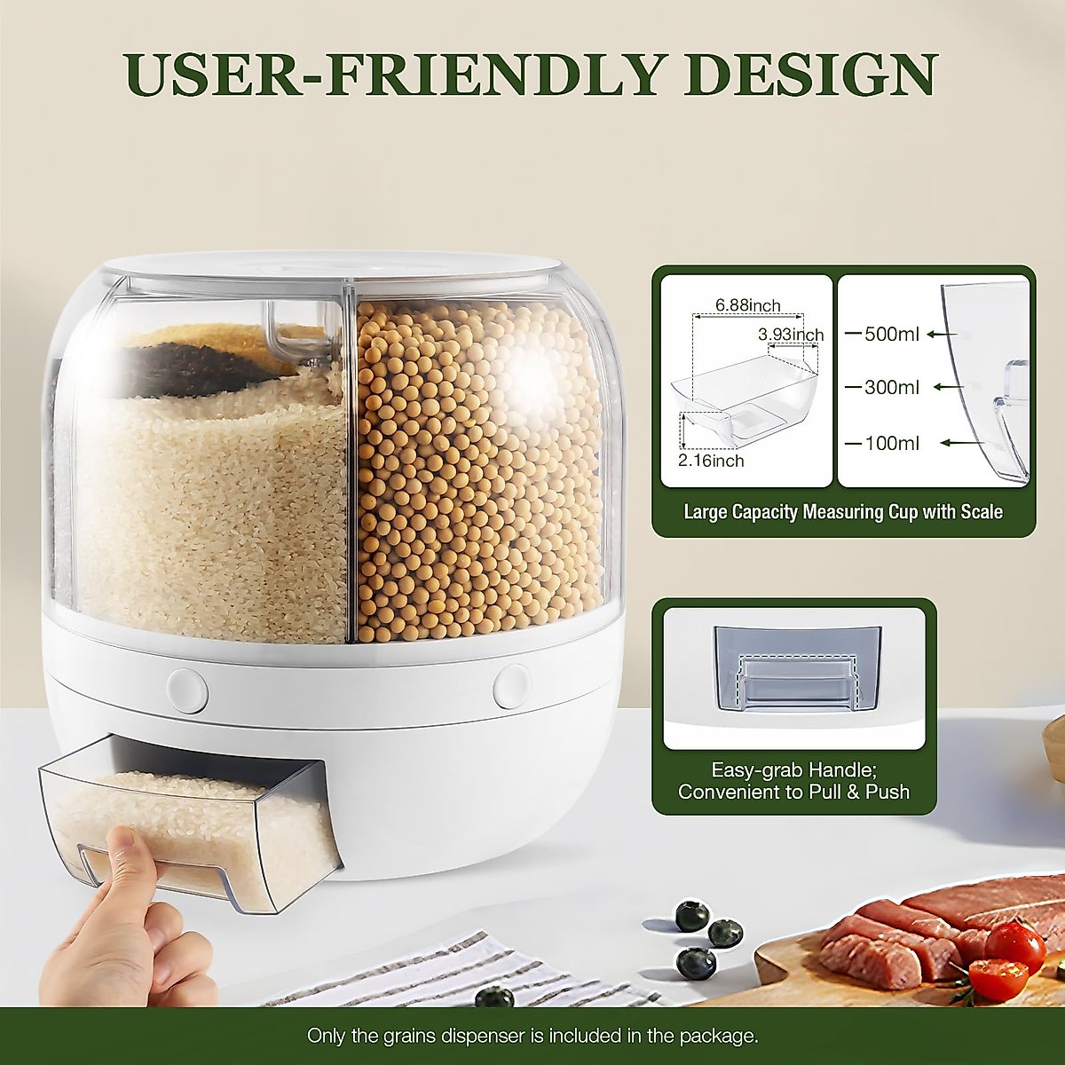 InnaMall Grains Storage Dispenser, 6 Grids Beans Container Storage with Sealed lid 13LBS Grain Container Distribution Bucket 360° Rotating Round Food Dispenser One-Click Output Rice Storage
