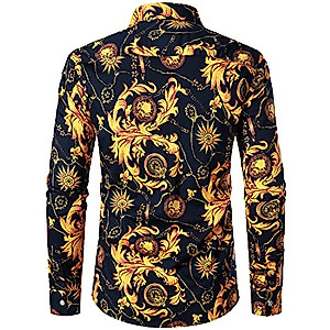 ZEROYAA Men's Luxury Printed Slim Fit Long Sleeve Casual Button Down Stretch Floral Shirt ZLCL37-103-Navy Medium