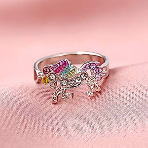 ALoveSoul Adjustable Silver Tone Little Princess Rainbow Unicorn Ring for Women Ladies Fashion Rings Gifts for Women